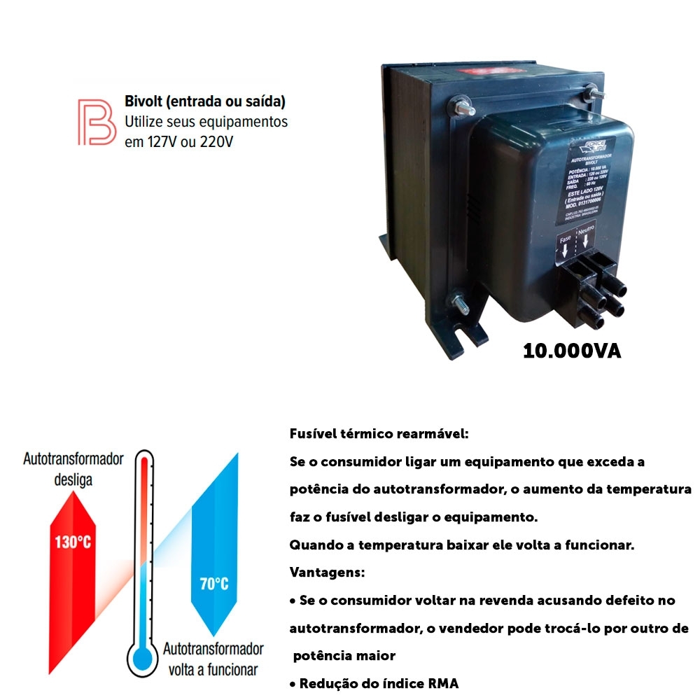 Autotransformador Slim Fit 10000VA Bivolt C/ Fusível Térmico Rearmável